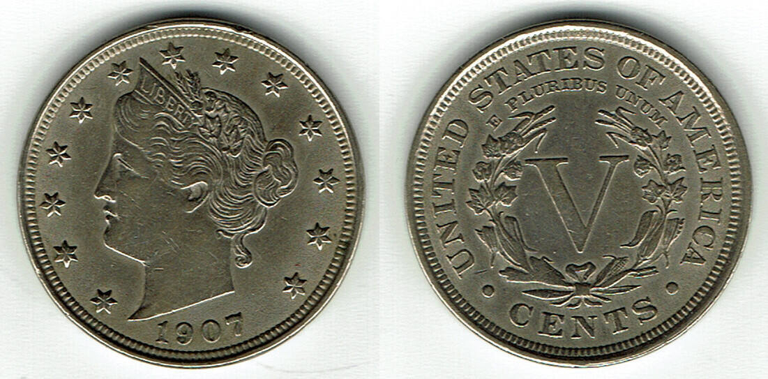 USA 1907, Kursmünze 5 Cents, Libertykopf, siehe Scan! gutes sehr schön ...