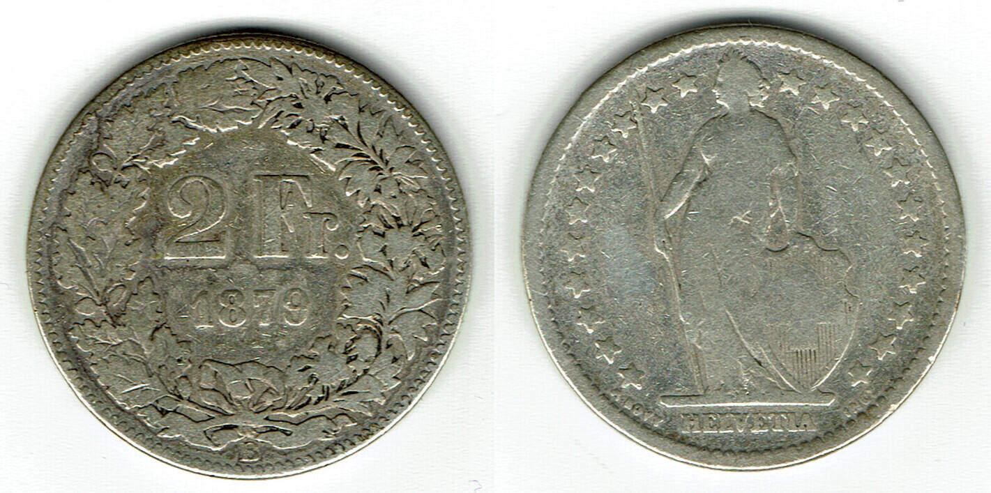 Schweiz, Kursmünze Silber, 2 Franken 1879, Erhaltung siehe Scan! schön | MA-Shops