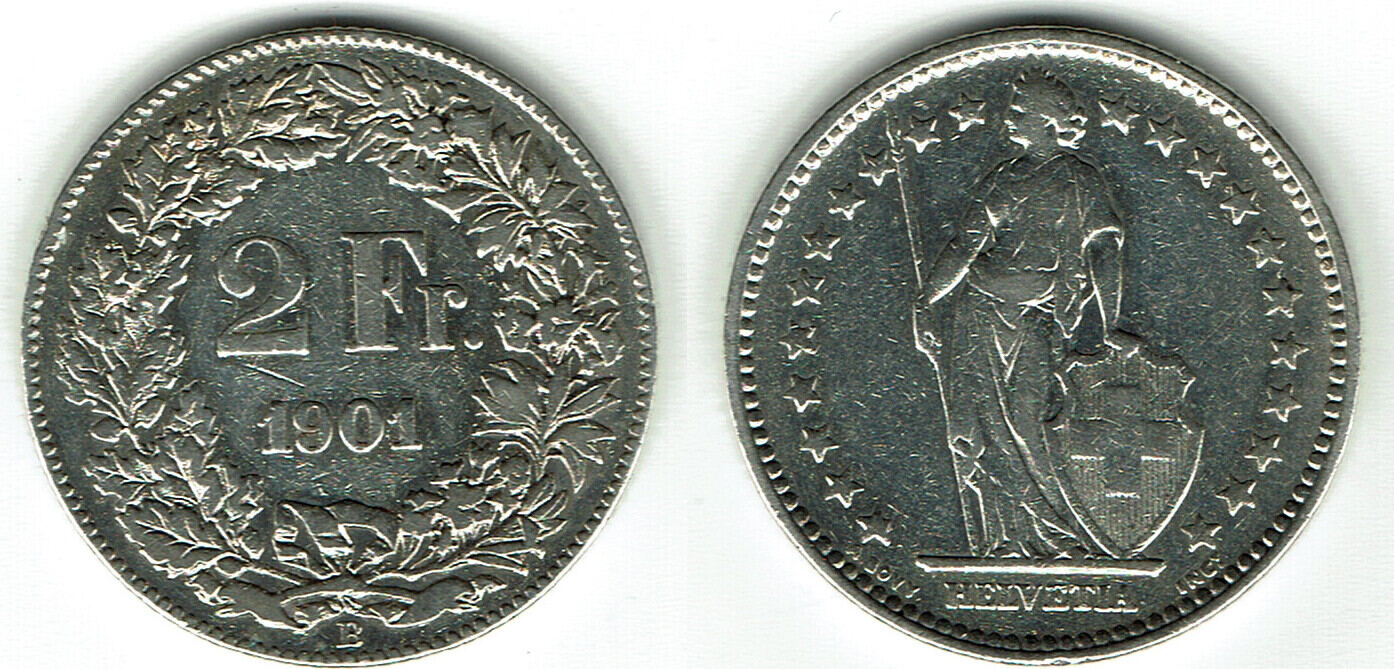 Schweiz, Kursmünze Silber, 2 Franken 1901, Erhaltung siehe Scan! sehr schön, leicht berieben ...