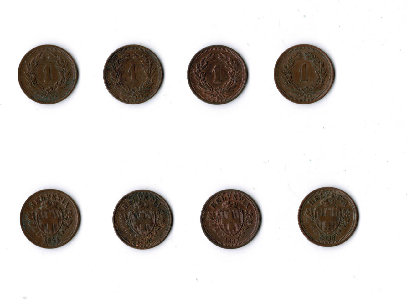 1936, 1937 1938, 1941 Schweiz, Lot (Set) 4 x 1 Rappen 1937, 1936, 1938, 1941, Erhaltung siehe ...