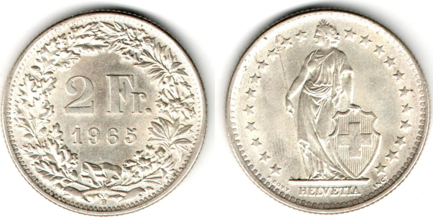 Schweiz, Kursmünze Silber, 2 Franken 1965, Erhaltung siehe Scan! vorzüglich bis stempelglanz ...