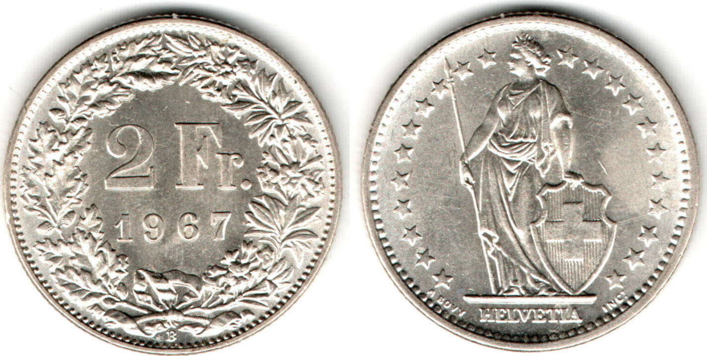 Schweiz, Kursmünze Silber, 2 Franken 1967, Erhaltung siehe Scan! vorzüglich bis stempelglanz ...