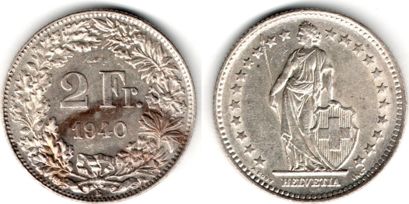 Schweiz, Kursmünze Silber, 2 Franken 1940, Erhaltung siehe Scan! sehr schön bis vorzüglich | MA ...