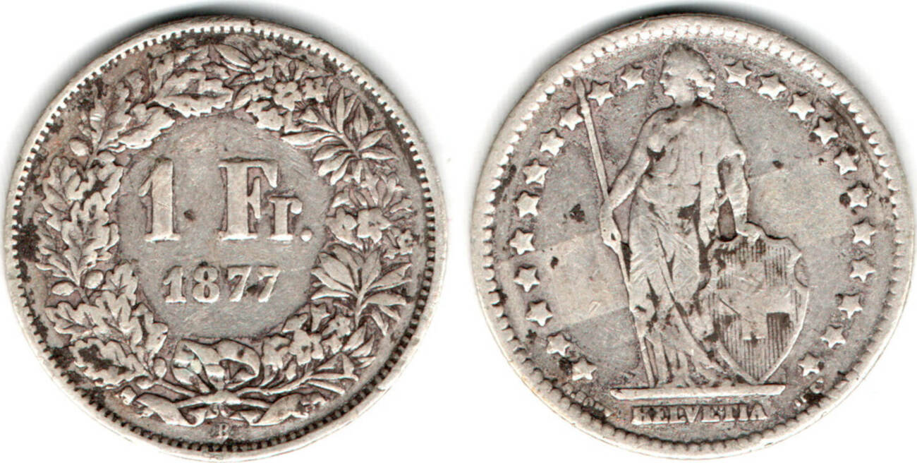 1877 Schweiz, Kursmünze Silber, 1 Franken, Erhaltung siehe Scan! schön | MA-Shops
