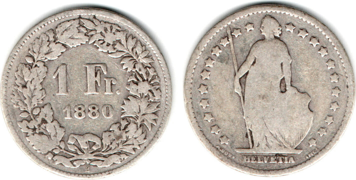 1880 Schweiz, Kursmünze Silber, 1 Franken, Erhaltung siehe Scan! schön | MA-Shops