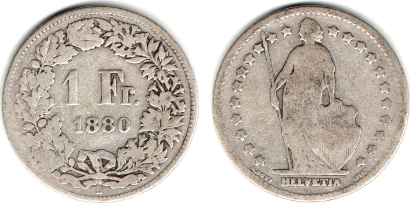1880 Schweiz, Kursmünze Silber, 1 Franken, Erhaltung siehe Scan! schön | MA-Shops