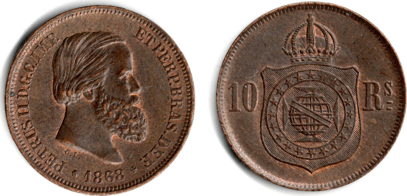 Brasilien, Kursmünze 10 Reis, 1868, Pedro II., Erhaltung siehe Scan ...