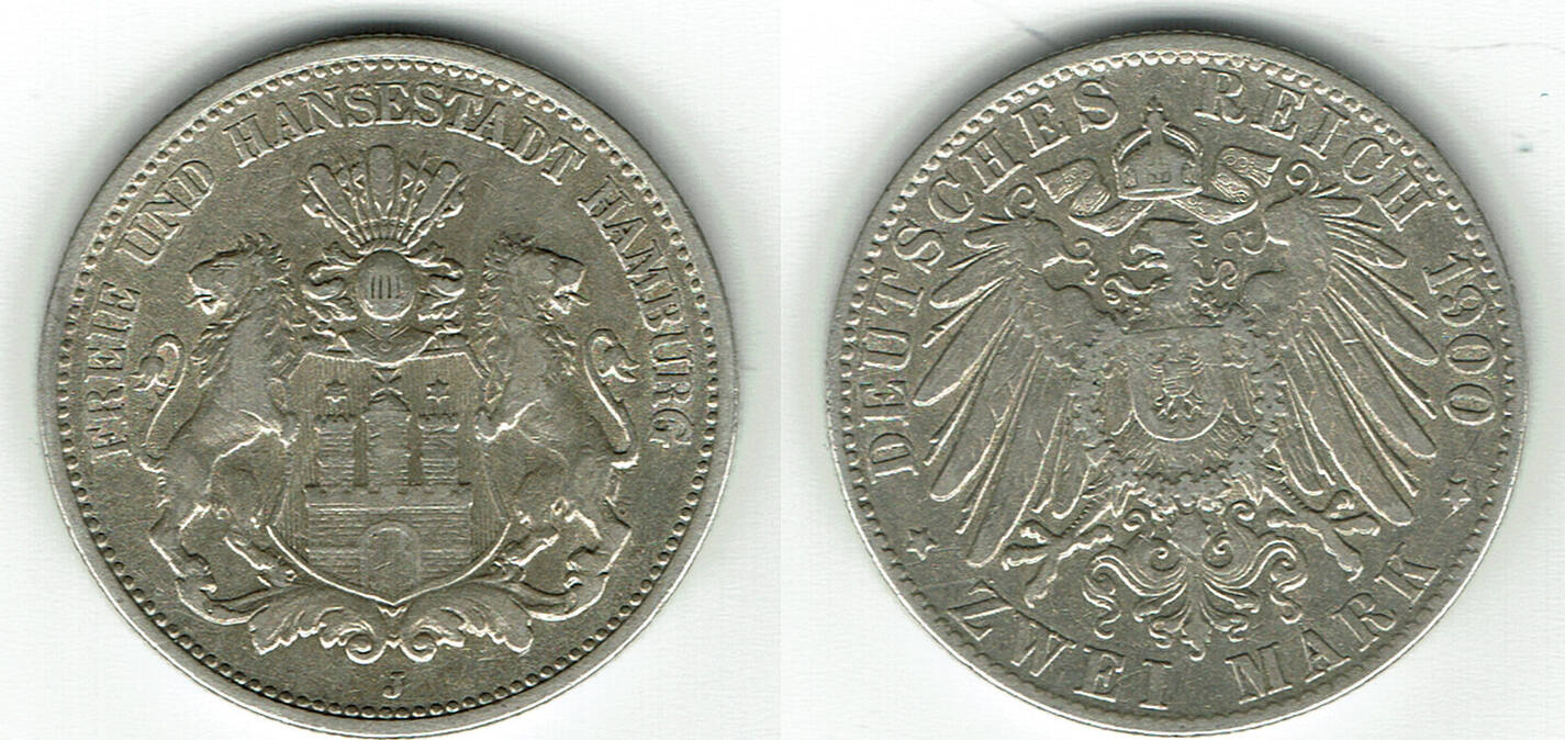 Kaiserreich, Hamburg, 2 Mark 1900 J, Stadtwappen, Erhaltung siehe Scan! sehr schön | MA-Shops