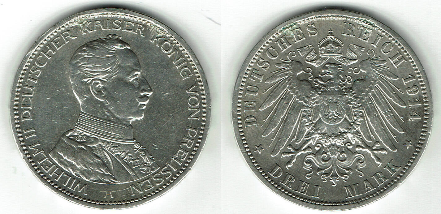 Preußen 3 Mark 1914 A, Wilhelm II. in Uniform, Erhaltung siehe Scan! Lötspur sehr schön, sauber ...
