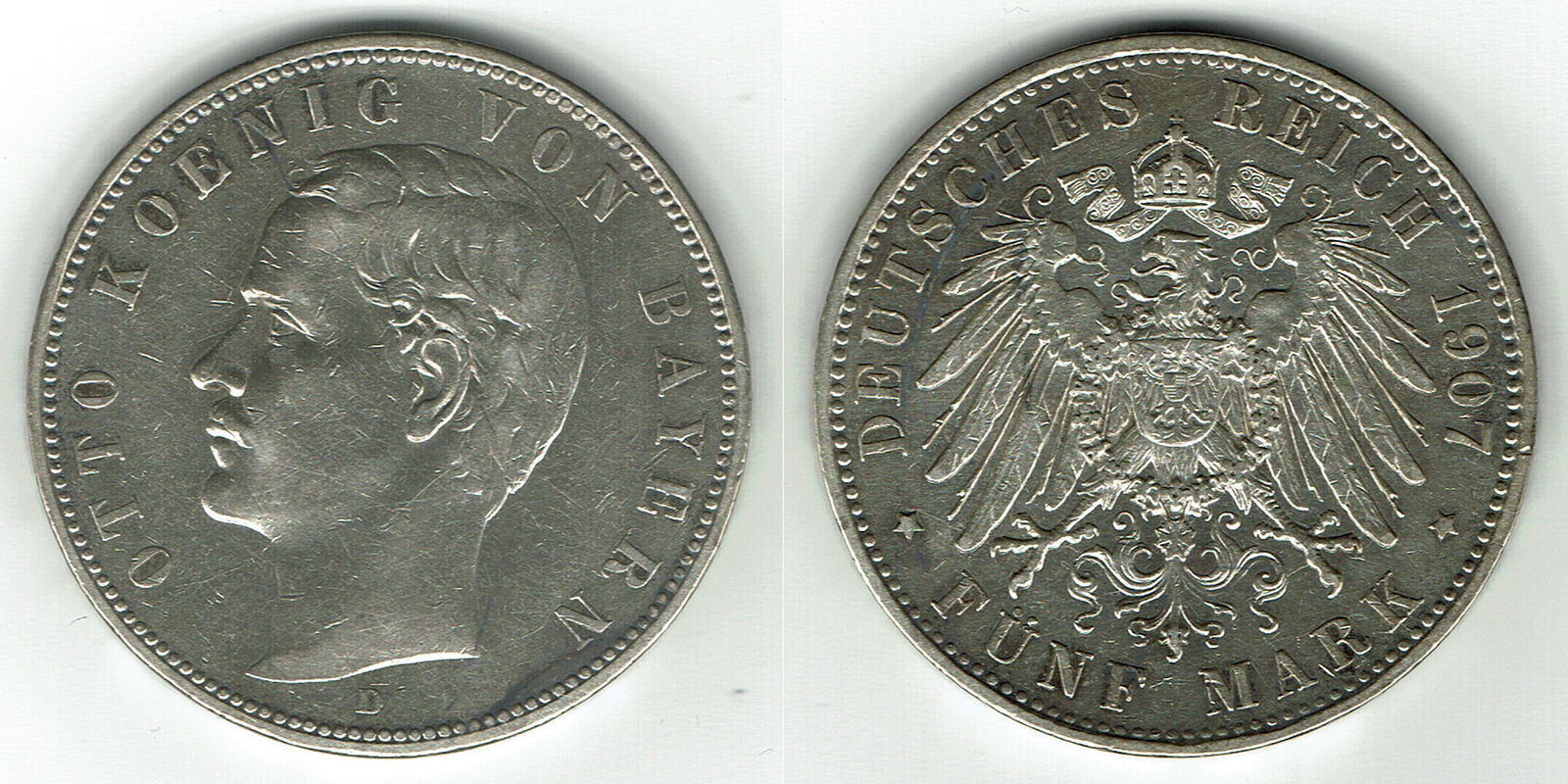 Kaiserreich - Bayern Deutsches Kaiserreich, Bayern, König Otto, 5 Mark 1907 D, Silber! sehr ...