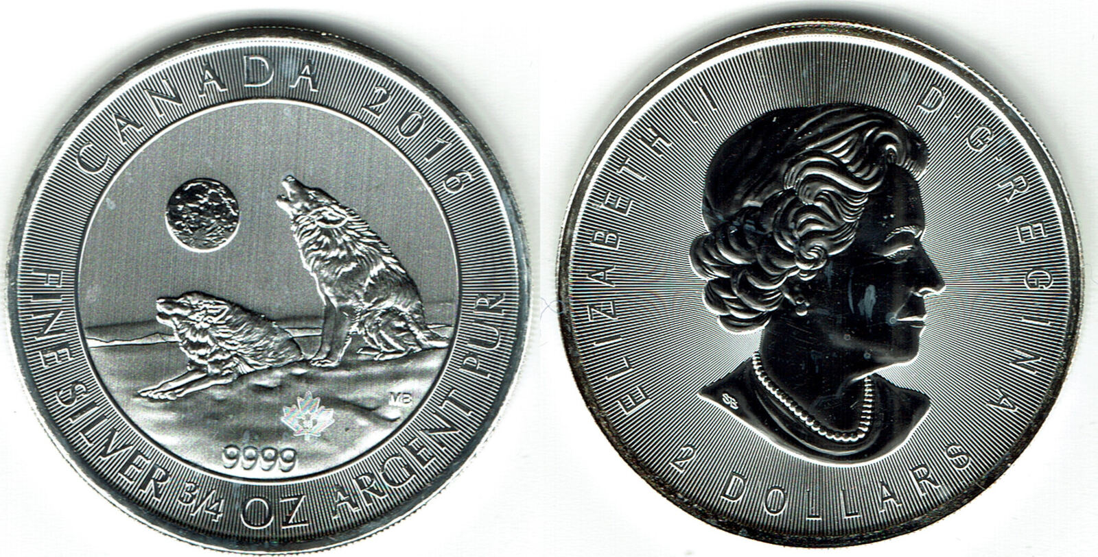 Kanada 2016, 2 Dollars, 3/4 Unze Silber, Wolf, PP Stempelglanz, minimal ...