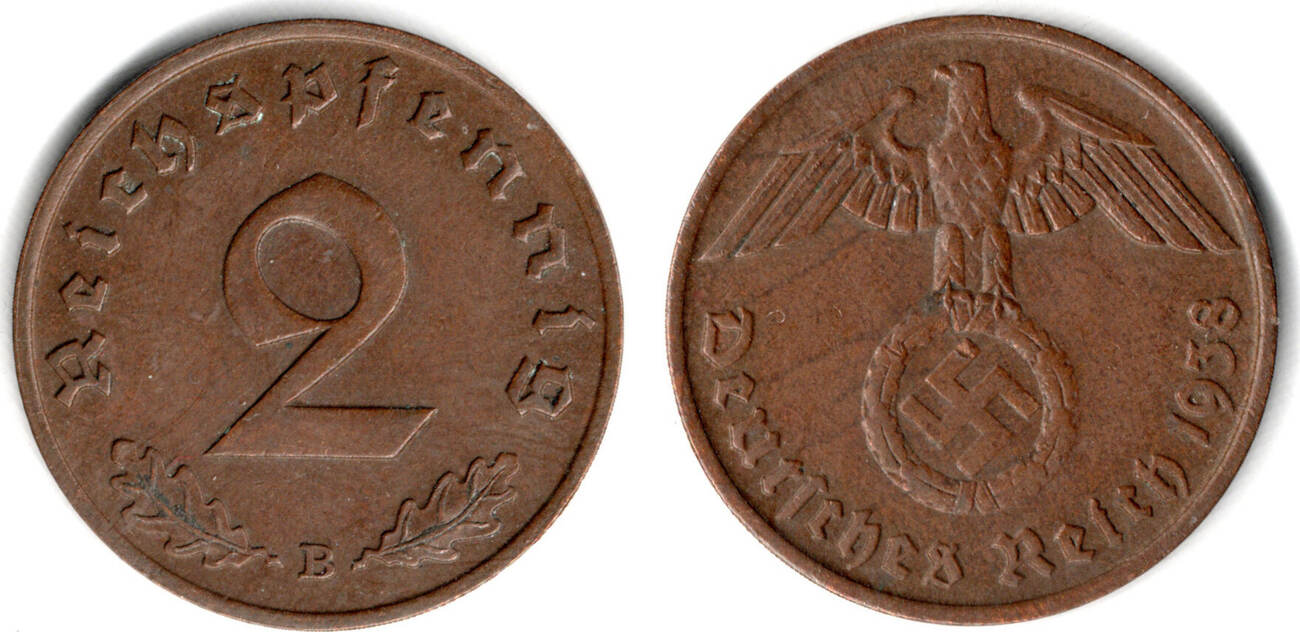 Drittes Reich 3. Reich, 1938 B, Kursmünze 2 Pfennig, Jaeger Nr. 362 ...