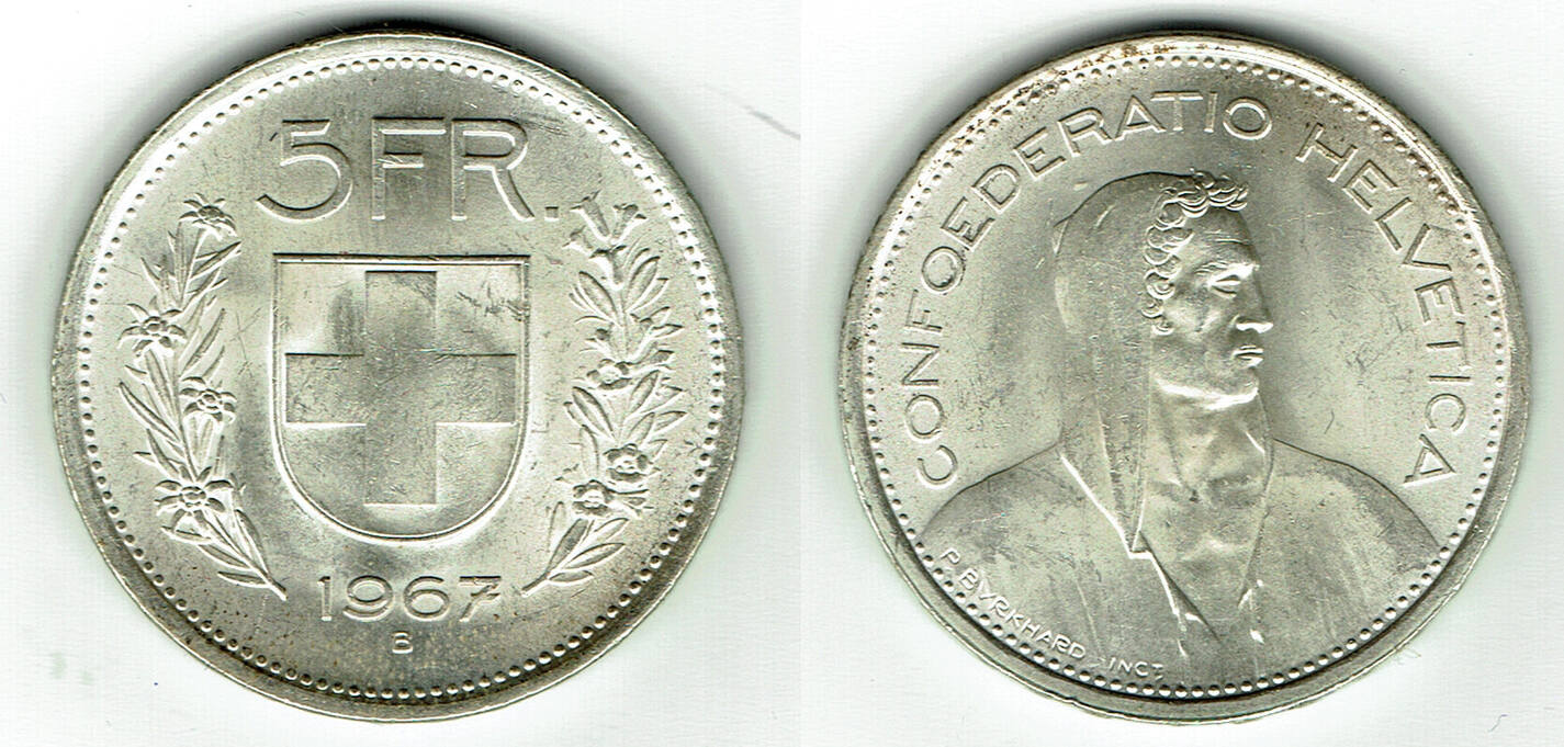 Schweiz, Kursmünze 5 Franken 1967, Silber, Erhaltung siehe Scan! vorzüglich bis stempelglanz ...