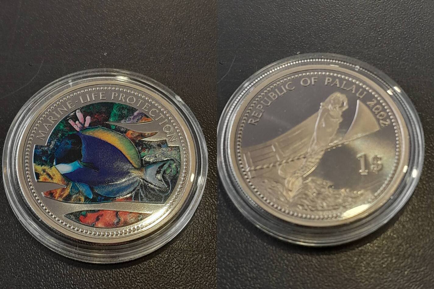 1 Dollar 2002 Palau-Inseln, Marine Life Protection - Fisch, teilcoloriert Polierte Platte | MA-Shops