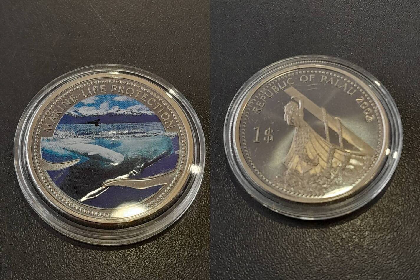 1 Dollar 2002 Palau-Inseln, Marine Life Protection - Wale, teilcoloriert Polierte Platte | MA-Shops