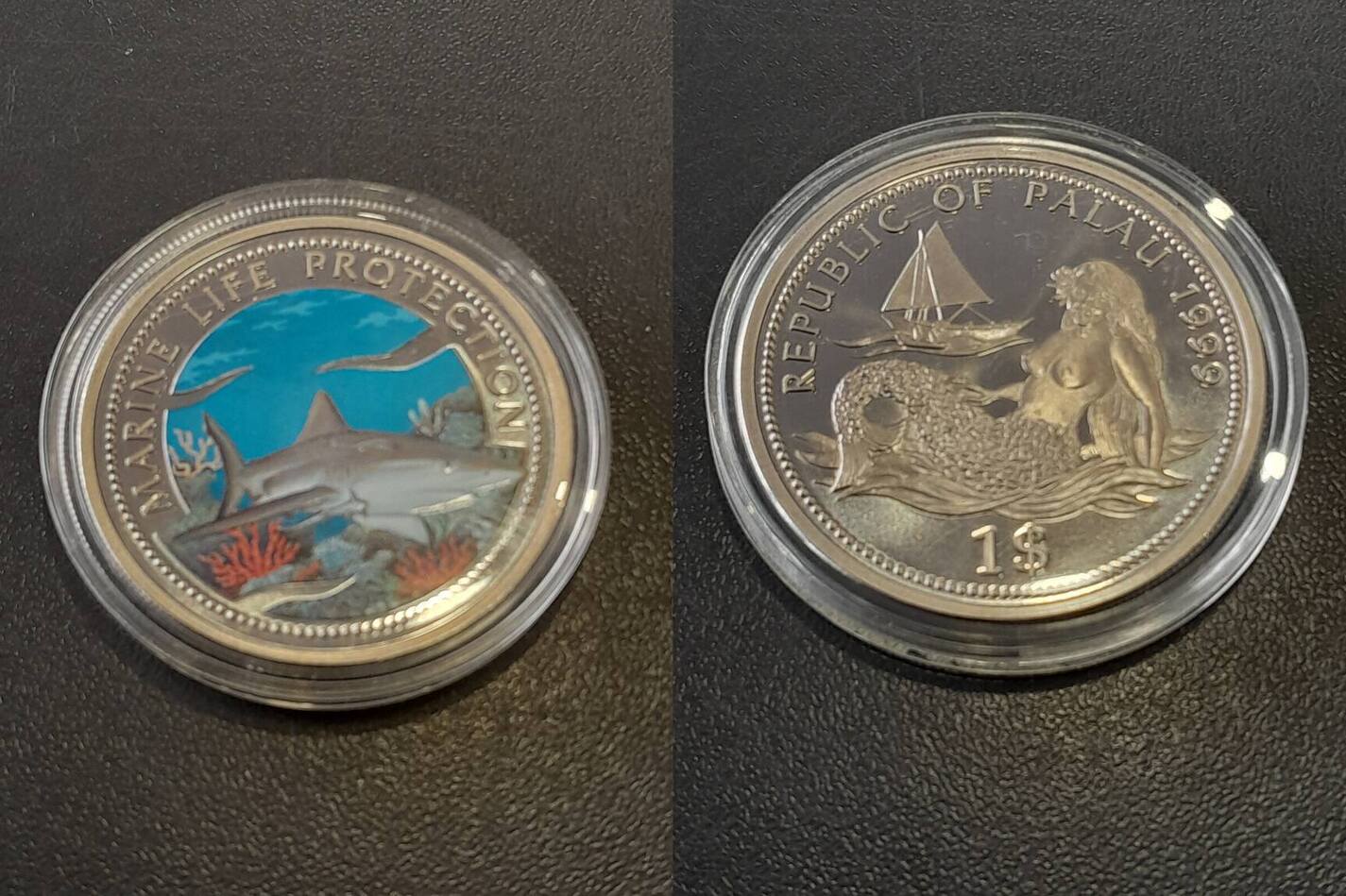 1 Dollar 1999 Palau-Inseln, Marine Life Protection - Hai, teilcoloriert Polierte Platte | MA-Shops