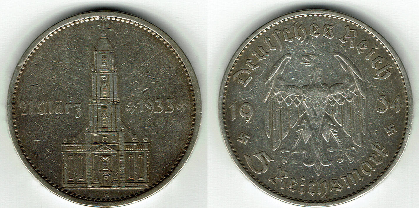 Drittes Reich, 5 Reichsmark 1934 A, Garnisonskirche Potsdam mit Datum ...