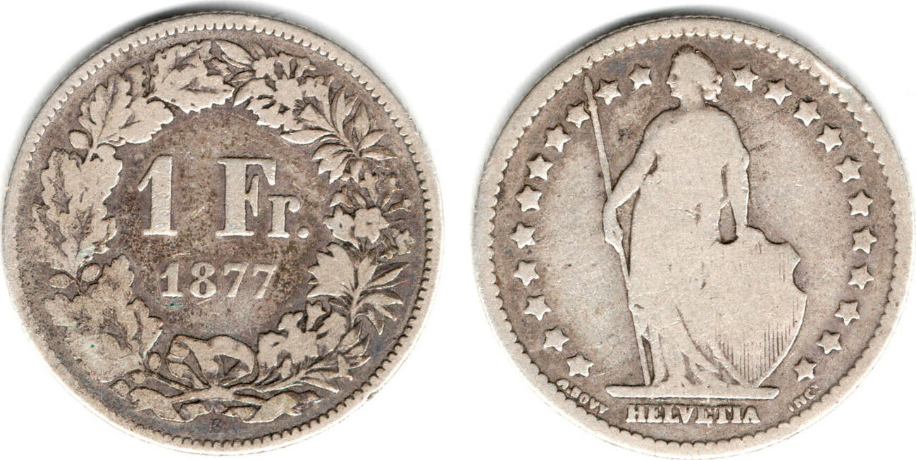 Schweiz, Kursmünze Silber, 1 Franken 1877, Erhaltung siehe Scan! schön | MA-Shops