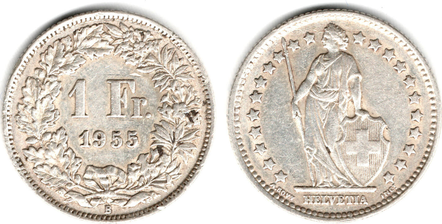 Schweiz, Kursmünze Silber, 1 Franken 1955, Erhaltung siehe Scan! sehr schön | MA-Shops