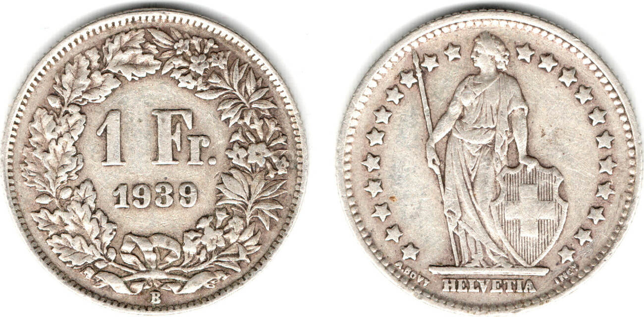Schweiz, Kursmünze Silber, 1 Franken 1939, Erhaltung siehe Scan! sehr schön | MA-Shops