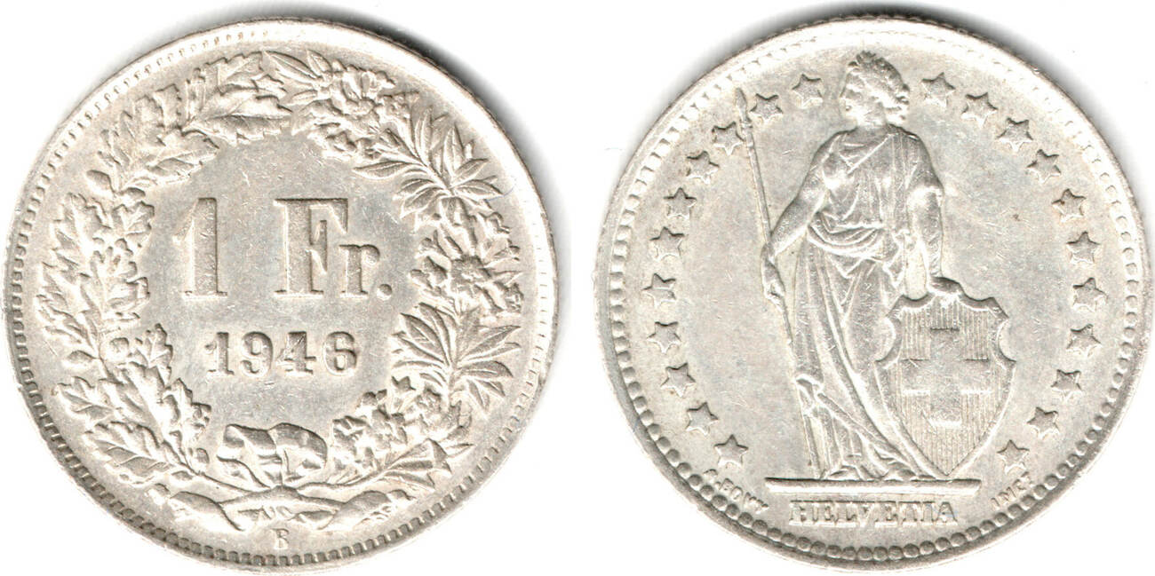 Schweiz, Kursmünze Silber, 1 Franken 1946, Erhaltung siehe Scan! fast vorzüglich | MA-Shops