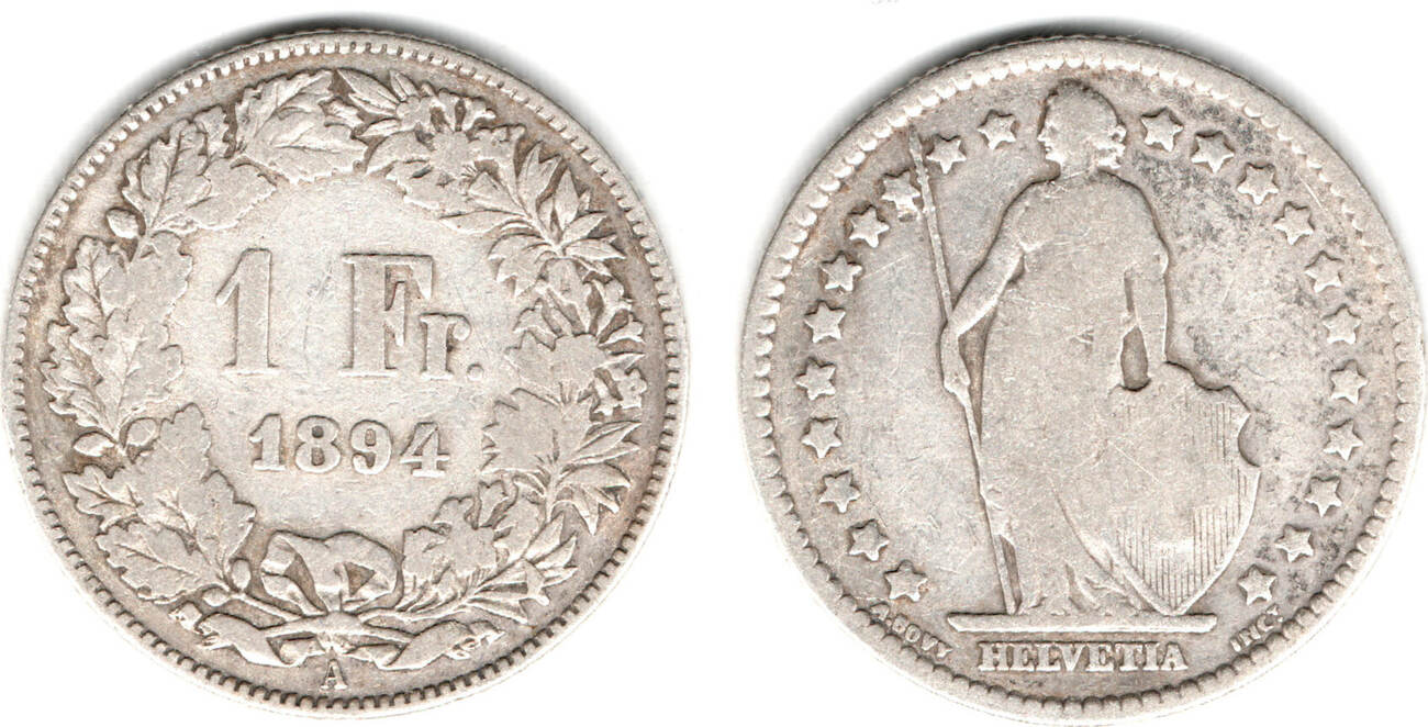 Schweiz, Kursmünze Silber, 1 Franken 1894, Erhaltung siehe Scan! schön | MA-Shops