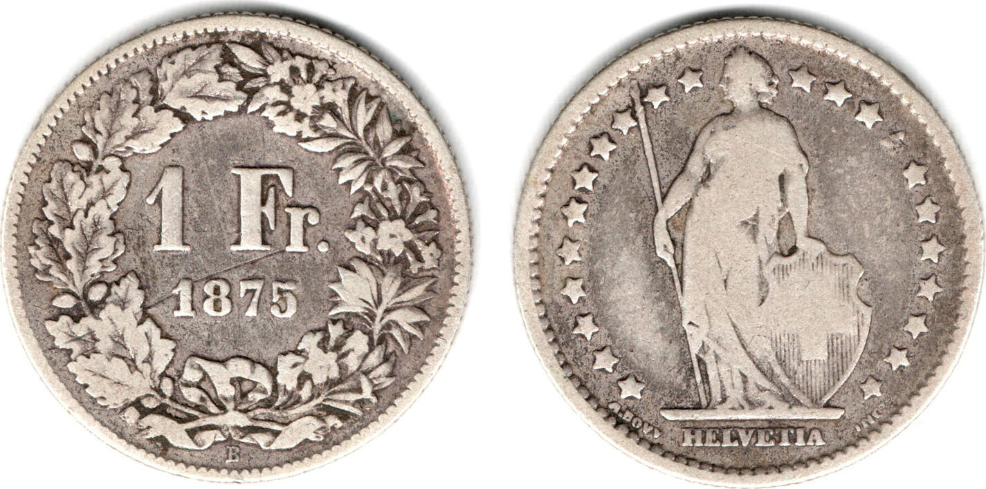 Schweiz, Kursmünze Silber, 1 Franken 1875, Erhaltung siehe Scan! schön | MA-Shops