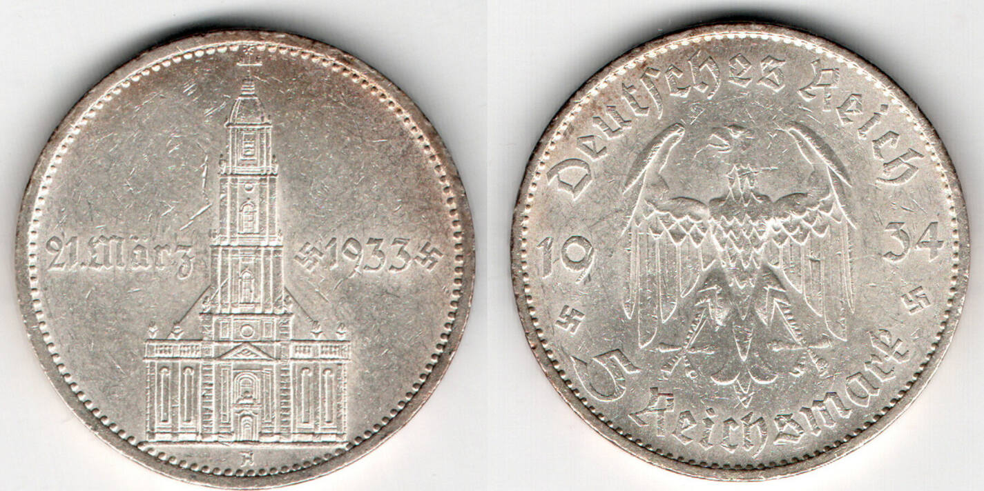 Drittes Reich, 5 Reichsmark 1934 A, Garnisonskirche Potsdam mit Datum ...