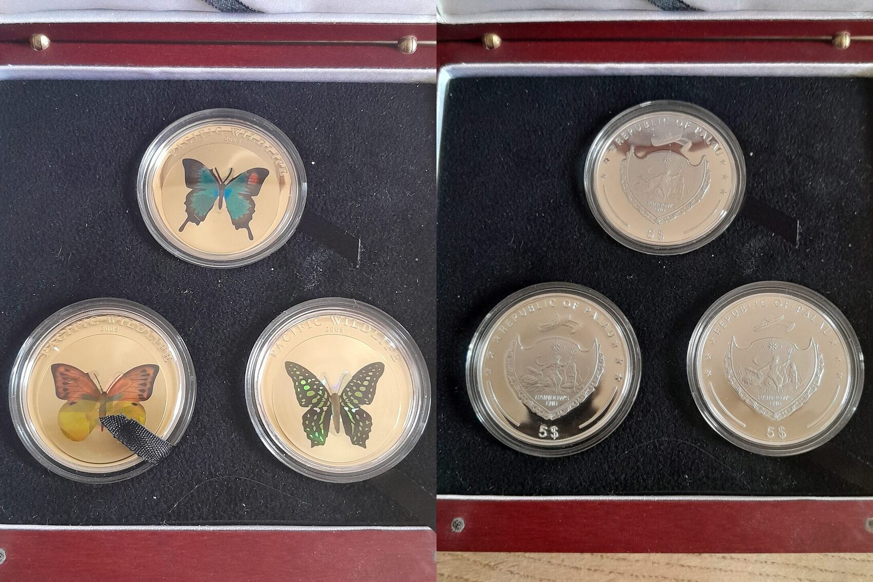 3 x 5 Dollars 2008 Palau-Inseln, Schmetterlinge Palaus, teilcoloriert, Etui, Zertifikate ...
