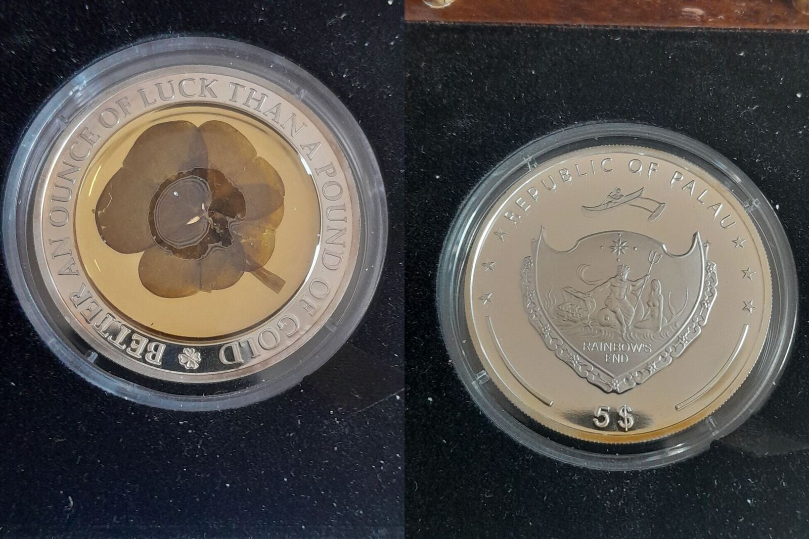 5 Dollars 2006 Palau-Inseln, 1 Silberunze Glück - Vierblättriges Kleeblatt, teilcoloriert, Etui ...