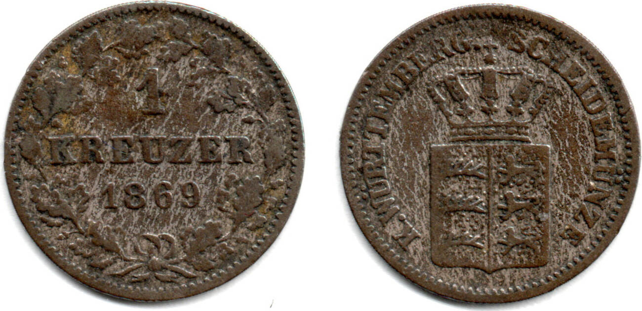 Königreich Württemberg, 1 Kreuzer 1869, Wilhelm, siehe Scan! sehr schön ...