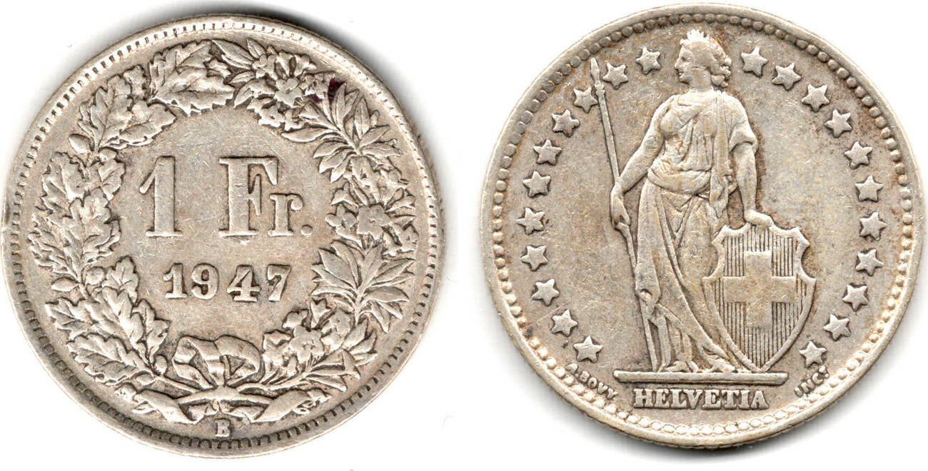 1947 Schweiz, Kursmünze Silber, 1 Franken, Erhaltung siehe Scan! sehr schön | MA-Shops