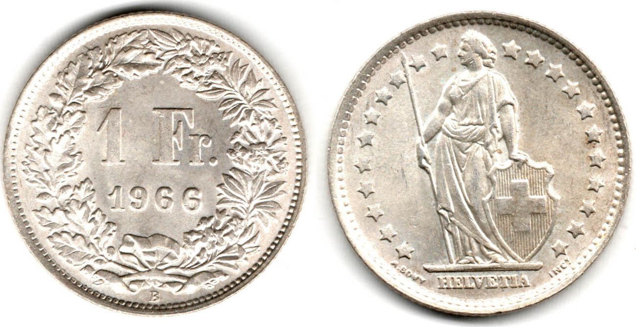 1966 Schweiz, Kursmünze Silber, 1 Franken, Erhaltung siehe Scan! vorzüglich bis stempelglanz ...