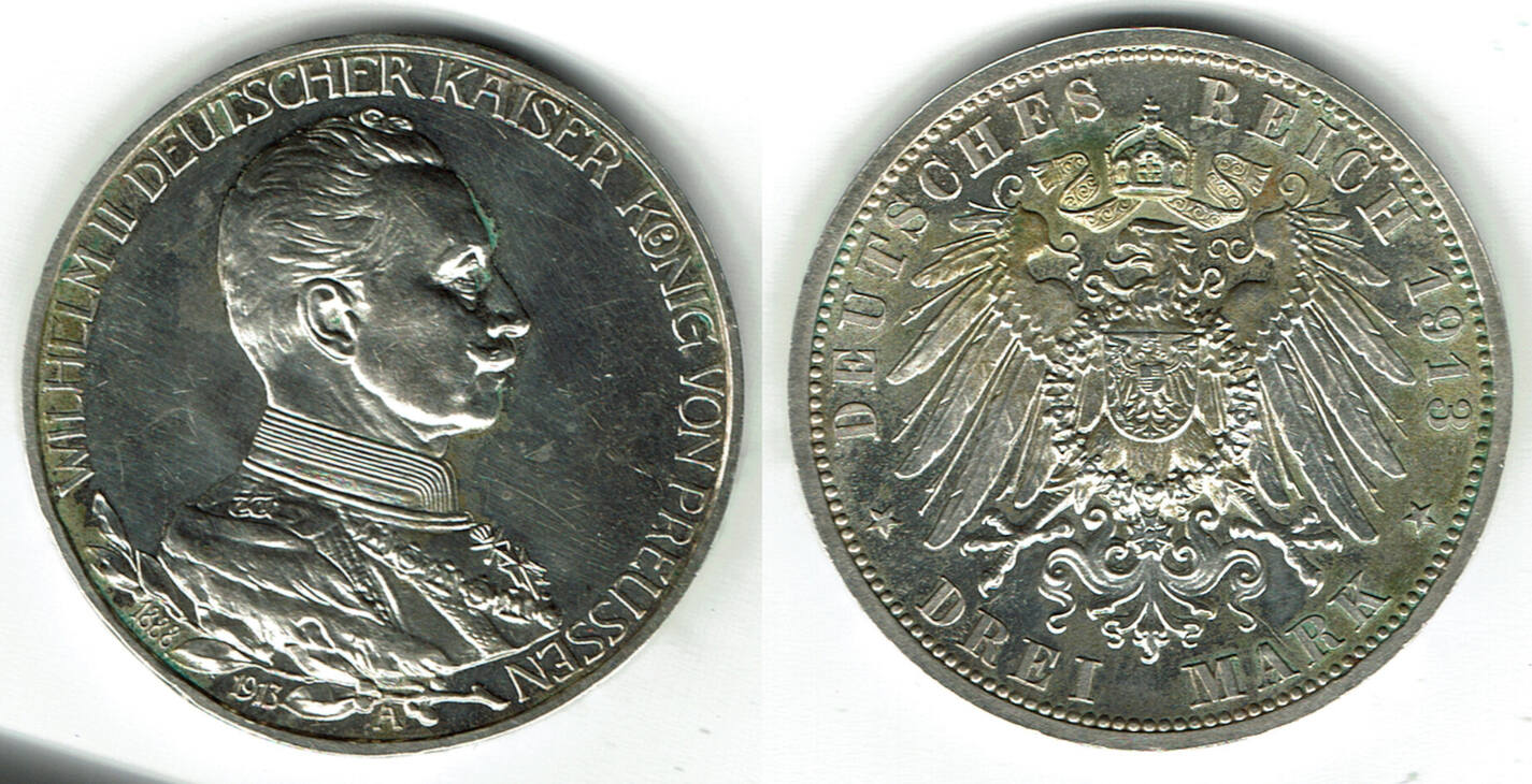 Preußen 3 Mark 1913 A, Wilhelm II. in Uniform, Erhaltung siehe Scan! sehr schön bis vorzüglich ...