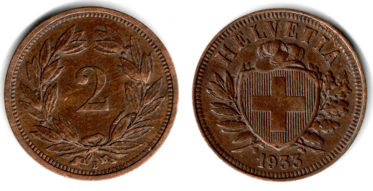 Schweiz, Kursmünze 2 Rappen 1933 B, Erhaltung siehe Scan! sehr schön | MA-Shops