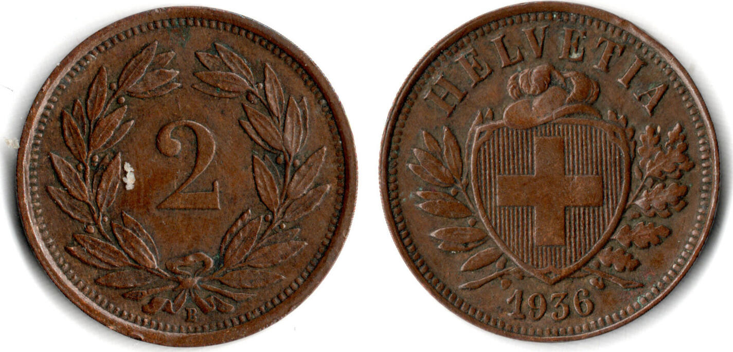 Schweiz, Kursmünze 2 Rappen 1936 B, Erhaltung siehe Scan! sehr schön, kl. Randfehler | MA-Shops