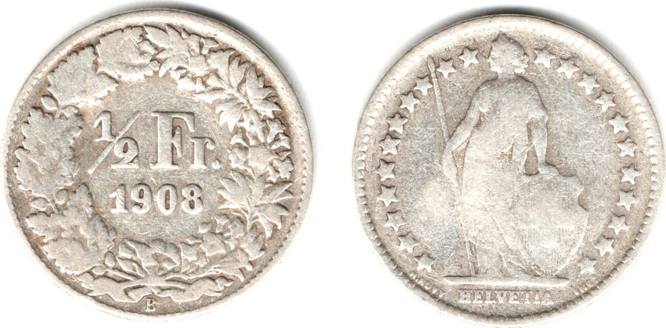 1908-2 Schweiz, Kursmünze Silber, 1/2 Franken 1908, Erhaltung siehe Scan! schön | MA-Shops