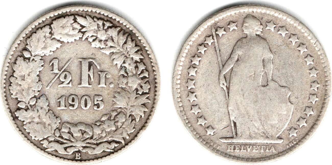 Schweiz, Kursmünze Silber, 1/2 Franken 1905, Erhaltung siehe Scan! schön | MA-Shops