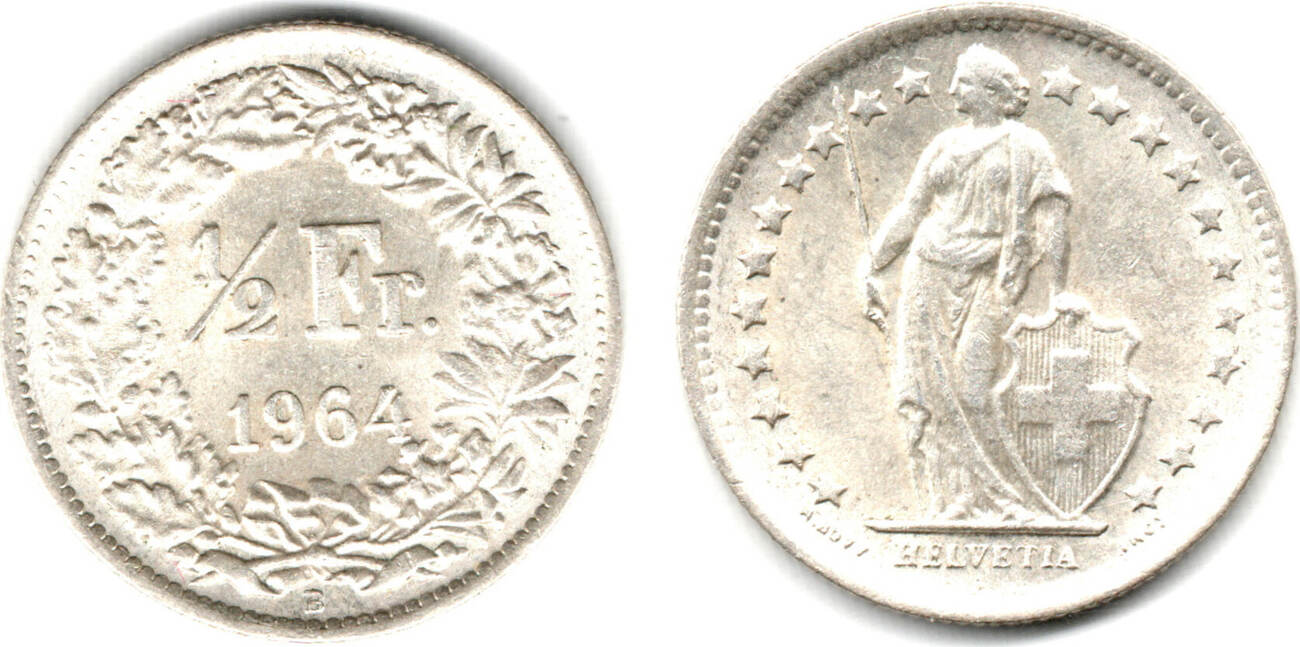 Schweiz, Kursmünze Silber, 1/2 Franken 1964, Erhaltung siehe Scan! vorzüglich bis stempelglanz ...