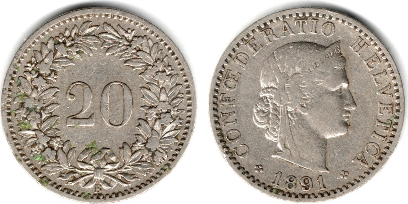 Schweiz, Kursmünze 20 Rappen 1891 B, Erhaltung siehe Scan! sehr schön | MA-Shops