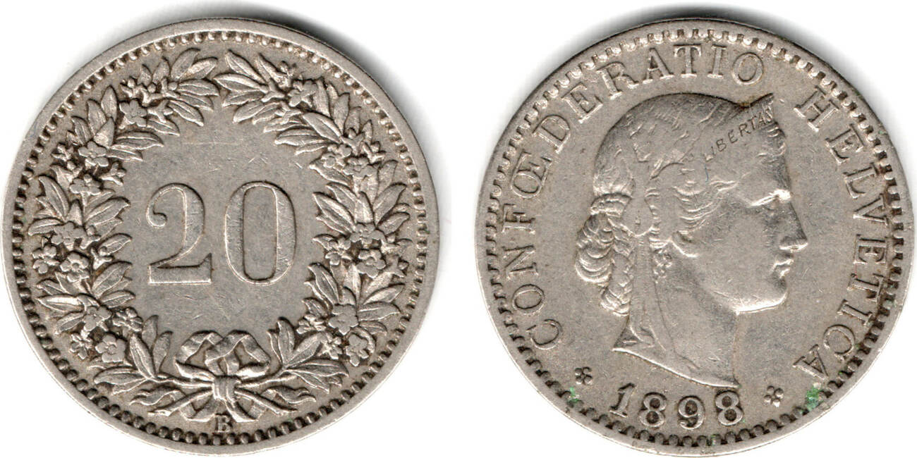 Schweiz, Kursmünze 20 Rappen 1898 B, Erhaltung siehe Scan! sehr schön | MA-Shops