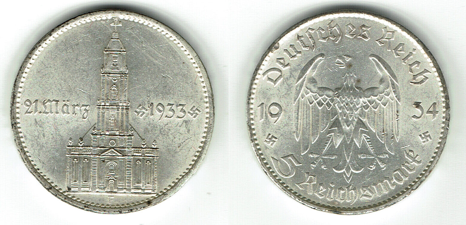 Drittes Reich, 5 Reichsmark 1934 F, Garnisonskirche Potsdam mit Datum ...