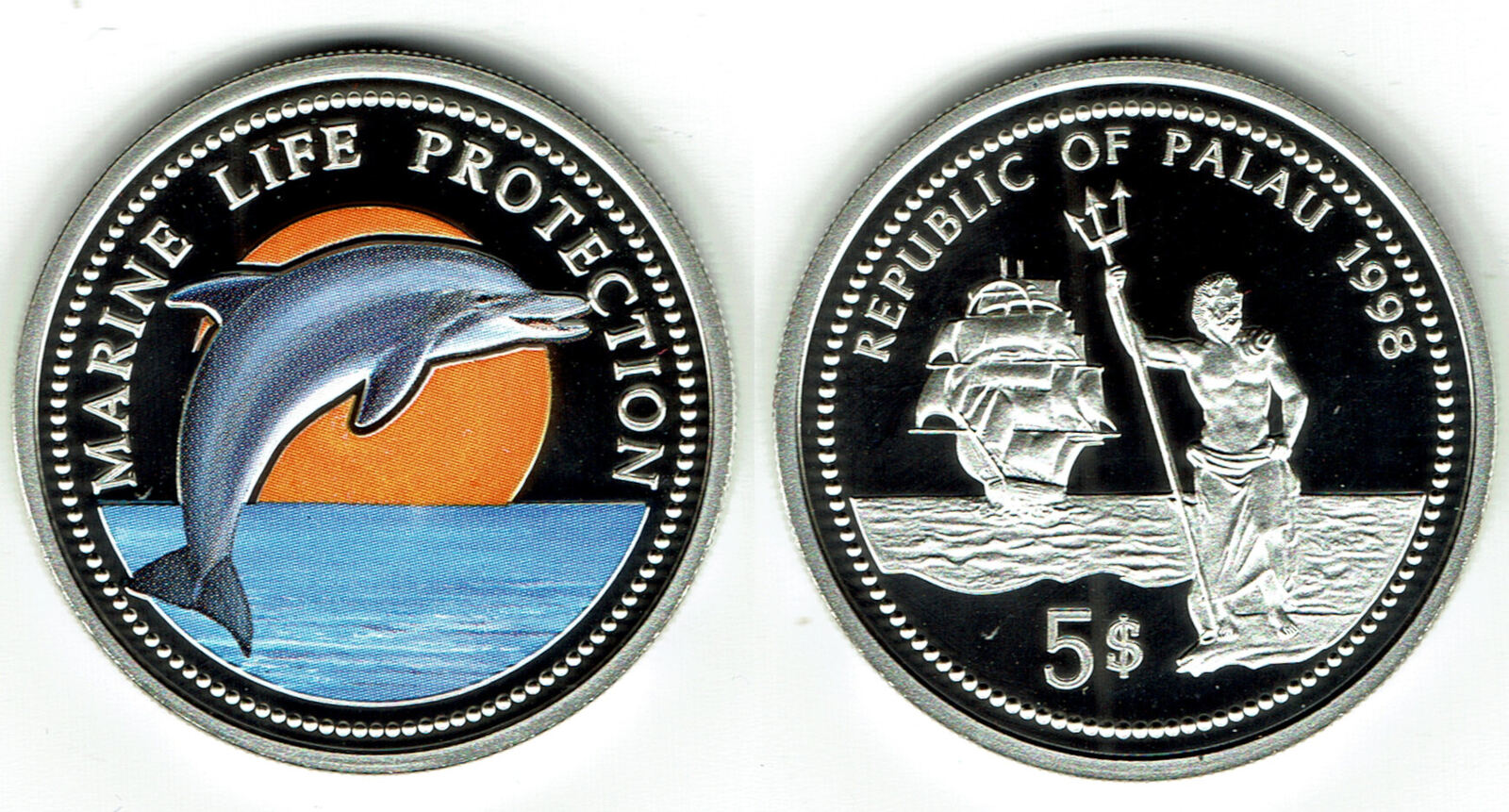 5 Dollars Palau Inseln 1998, 5 Dollar Marine-Life Protection - Delfin, Farbmünze Polierte Platte ...