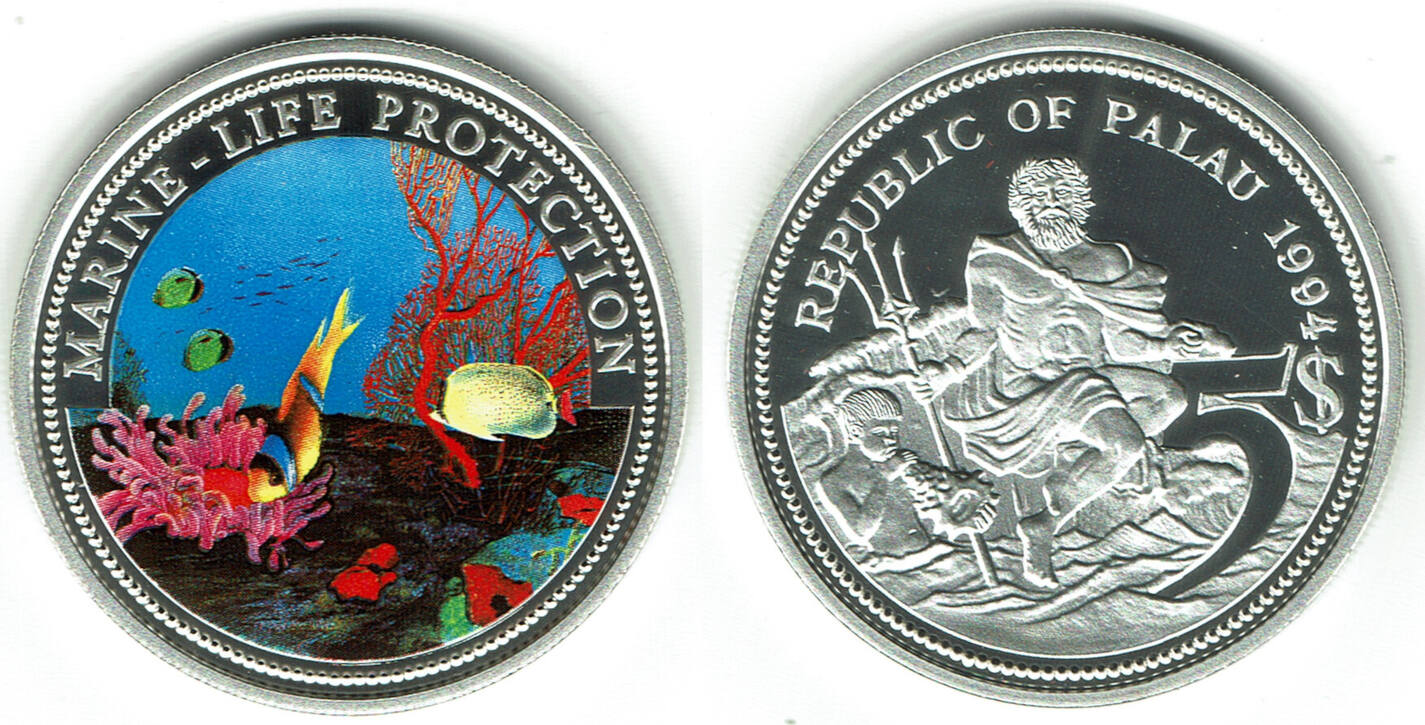 5 Dollars 1994 Palau Inseln 1998, Marine-Life Protection - Meeresfauna, Fische, Farbmünze ...