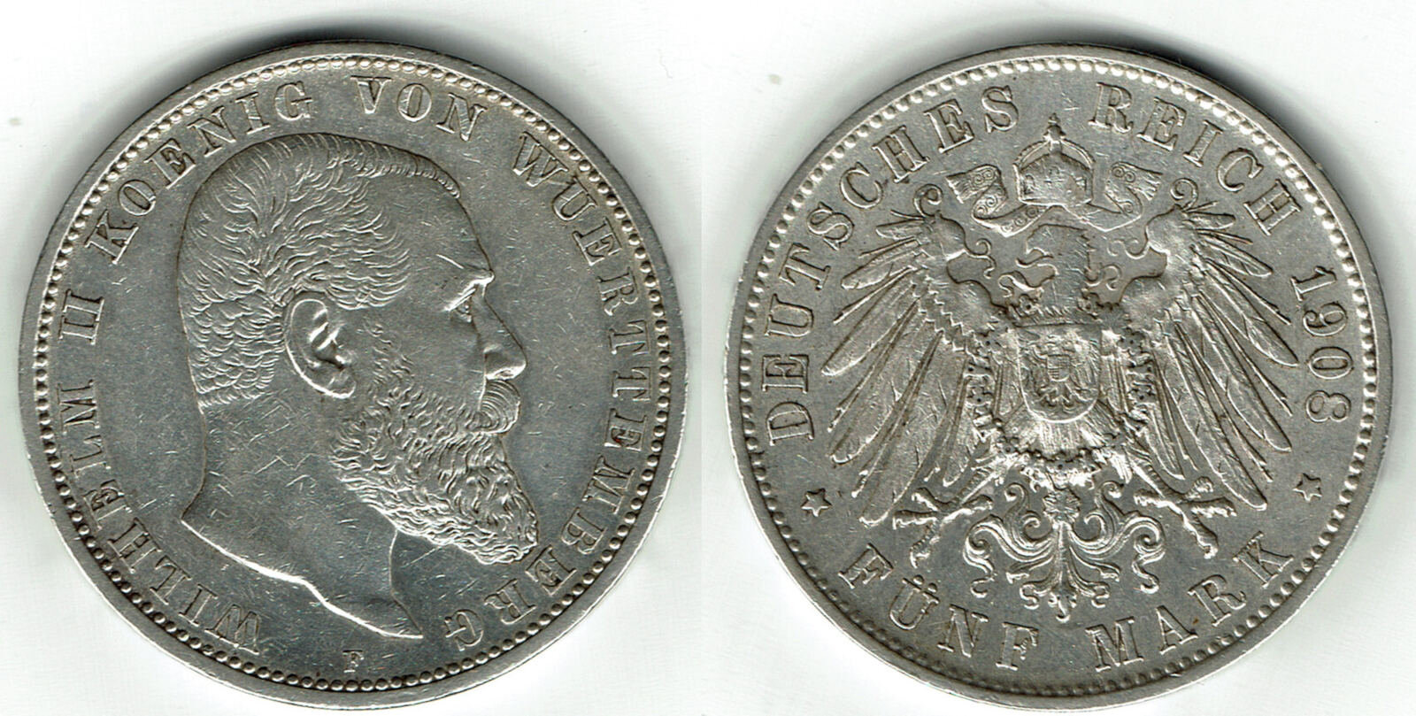 5 Mark Kaiserreich, Württemberg 1908 F, Wilhelm II., Erhaltung siehe Scan! sehr schön | MA-Shops