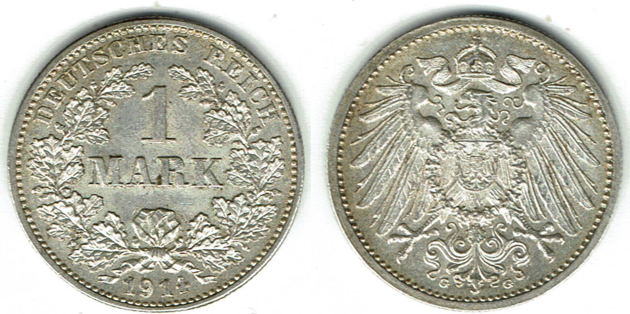 Kaiserreich, Kursmünze 1 Mark 1914 G, 900er Silber! gutes vorzüglich ...