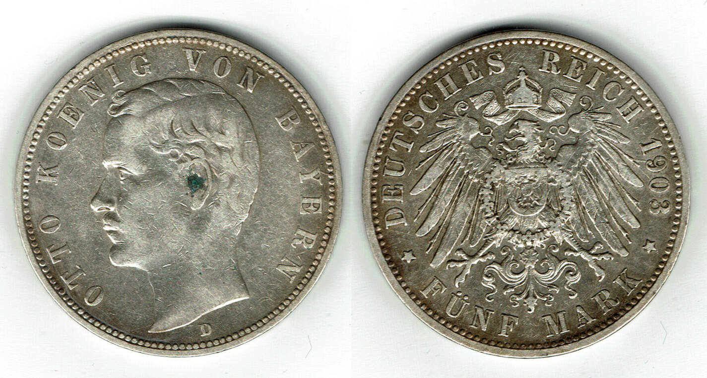 Kaiserreich - Bayern Deutsches Kaiserreich, Bayern, König Otto, 5 Mark 1903 D, Silber! sehr ...
