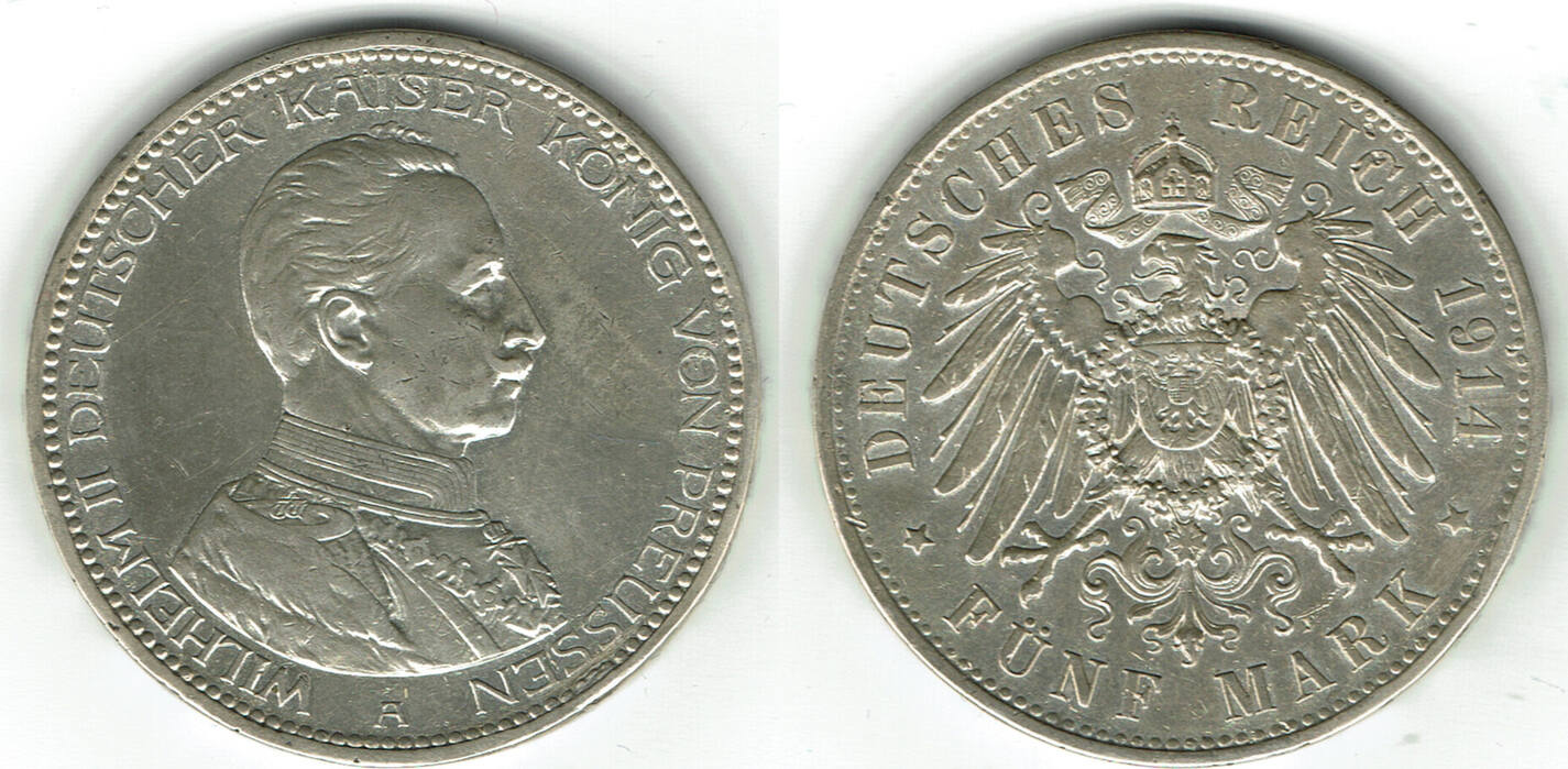 Preußen 5 Mark 1914 A, Wilhelm II. in Uniform, Erhaltung siehe Scan! sehr schön, Felder poliert ...