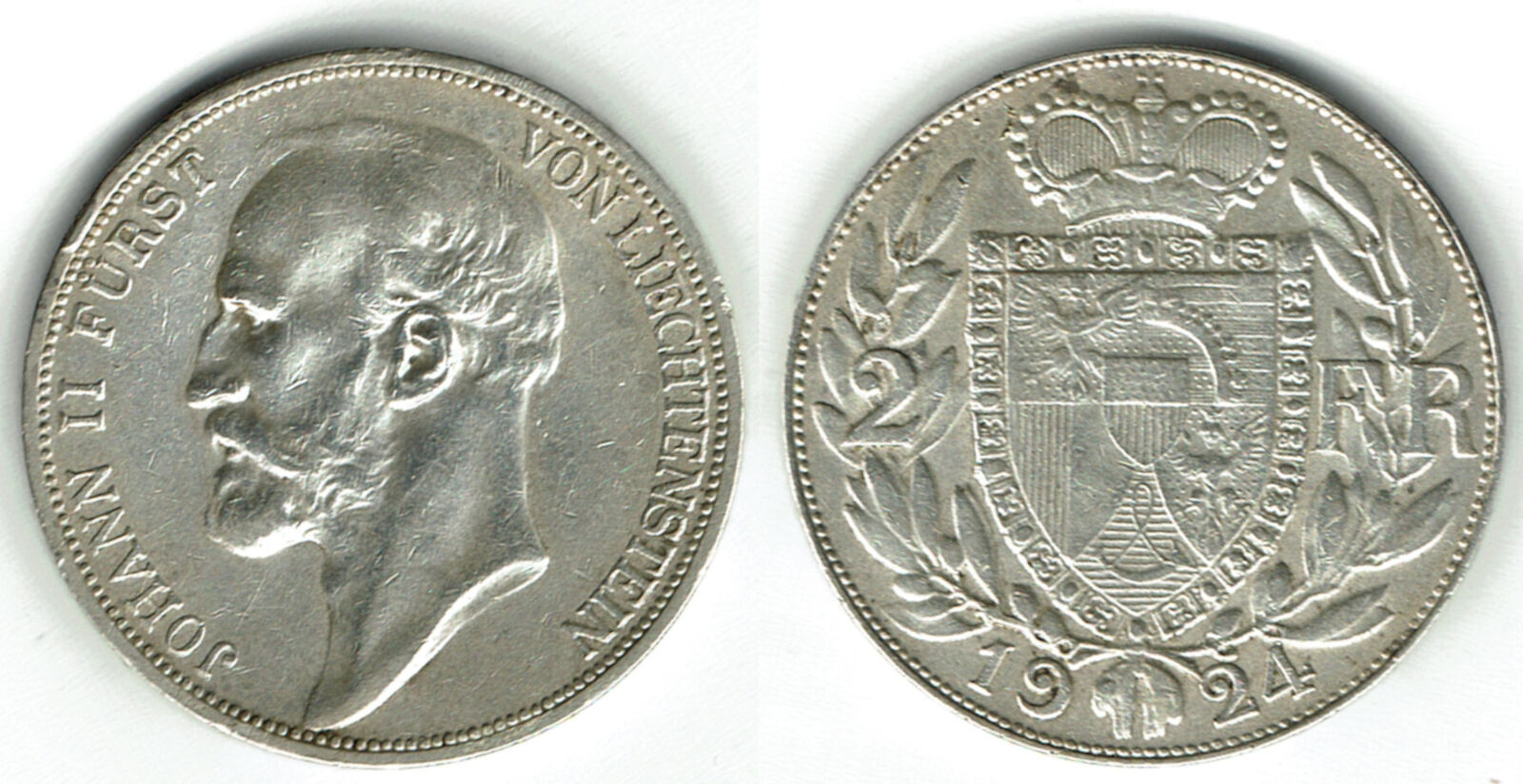Liechtenstein 1924 Kursmünze 2 Kronen, Johann II., Silber! Erhaltung siehe Scan! sehr schön bis ...