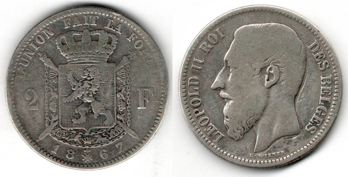 1867 Belgien König Leopold II., 2 Francs Silber, Kursmünze. Erhaltung siehe Scan! schön bis sehr ...